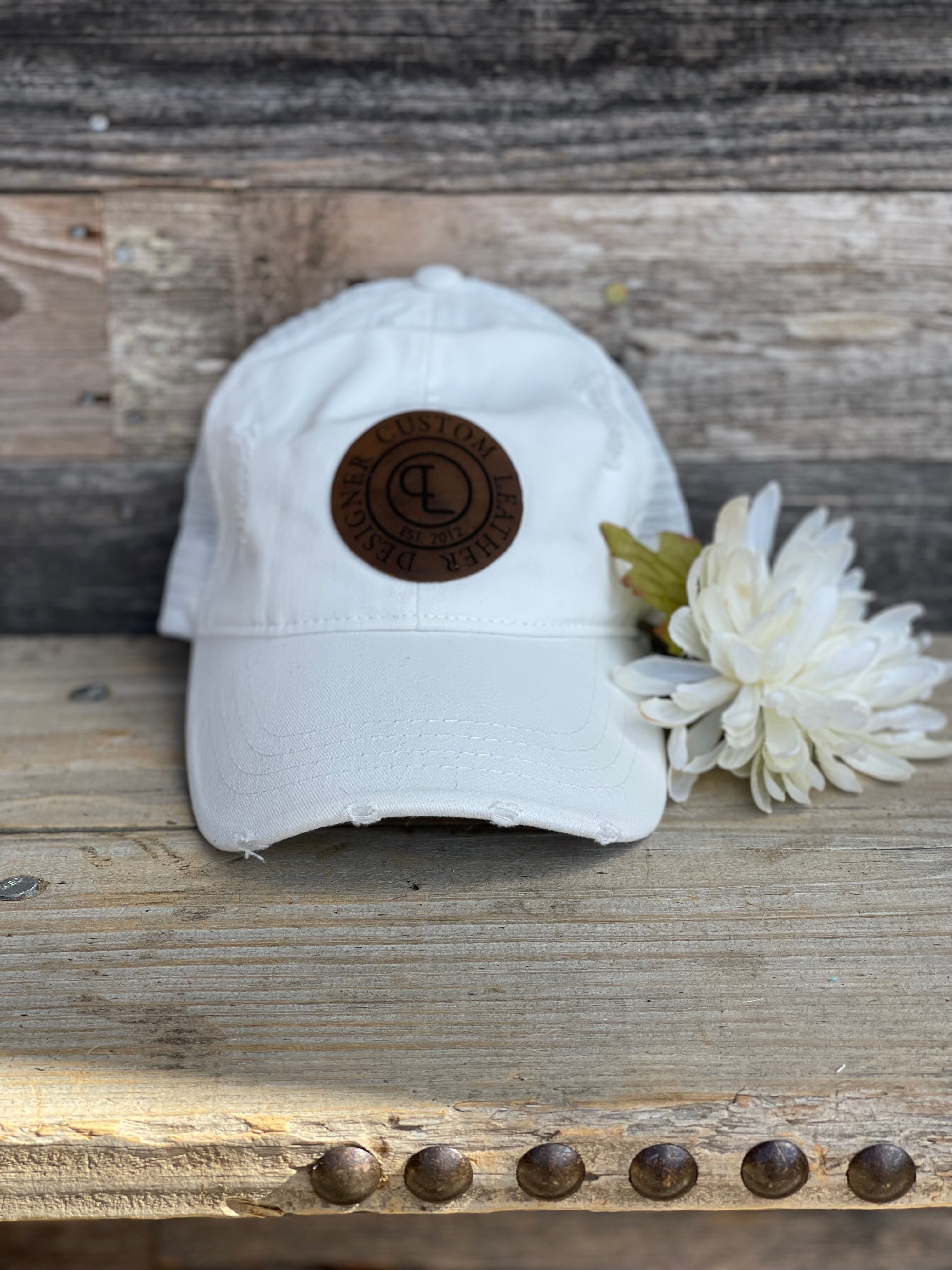 White Distressed Cap with Leather Patch – Designer Custom Leather