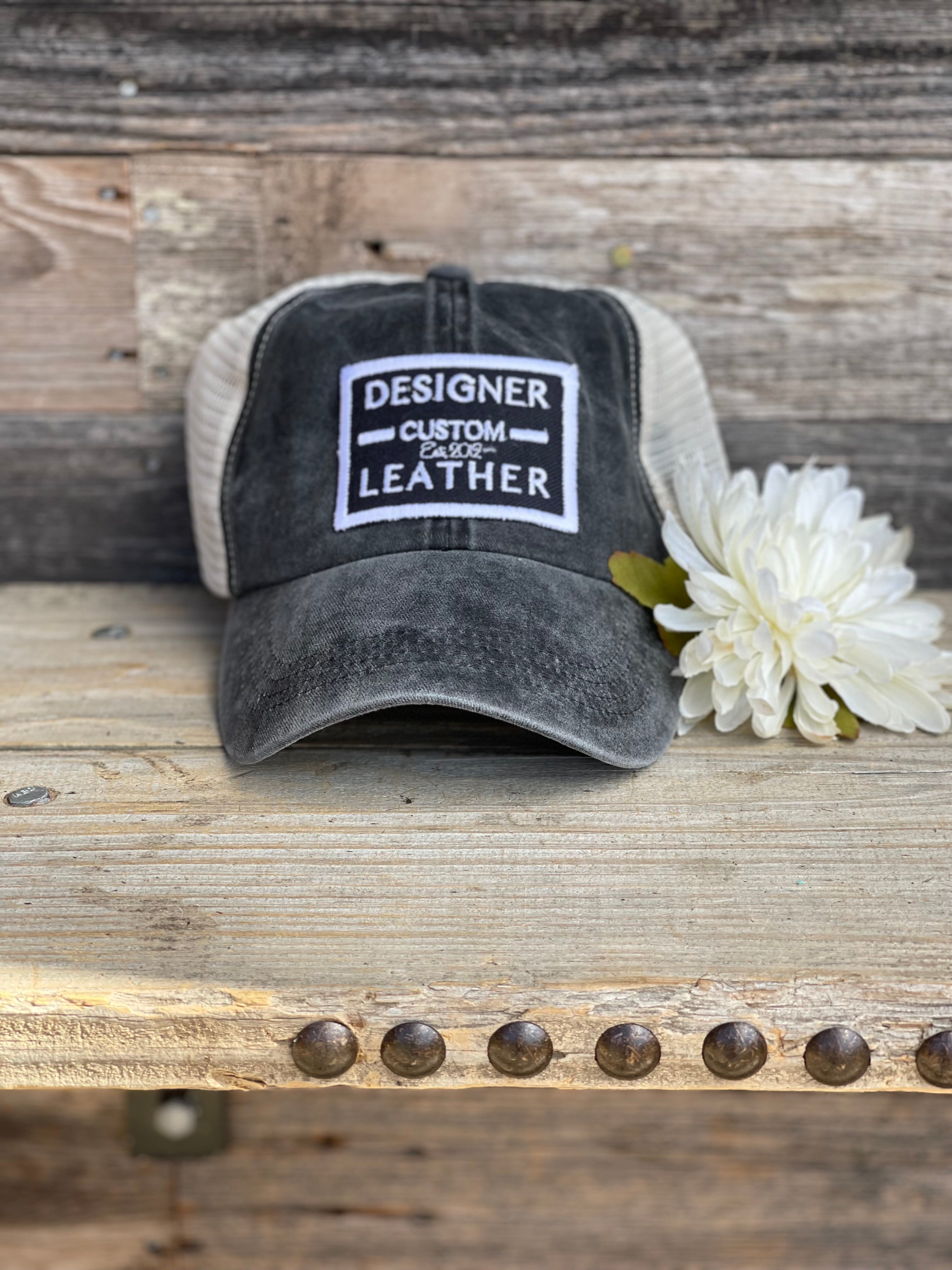 Black Distressed Cap with Black and White Patch – Designer Custom Leather